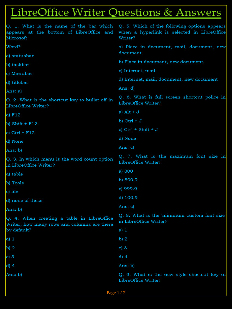 LibreOffice Writer Questions & Answers | PDF | Keyboard Shortcut | Software