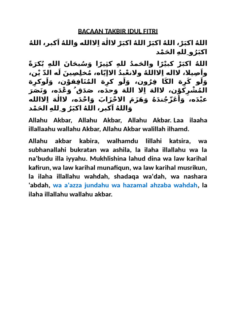 Bacaan Takbir Idul Fitri Lengkap | PDF