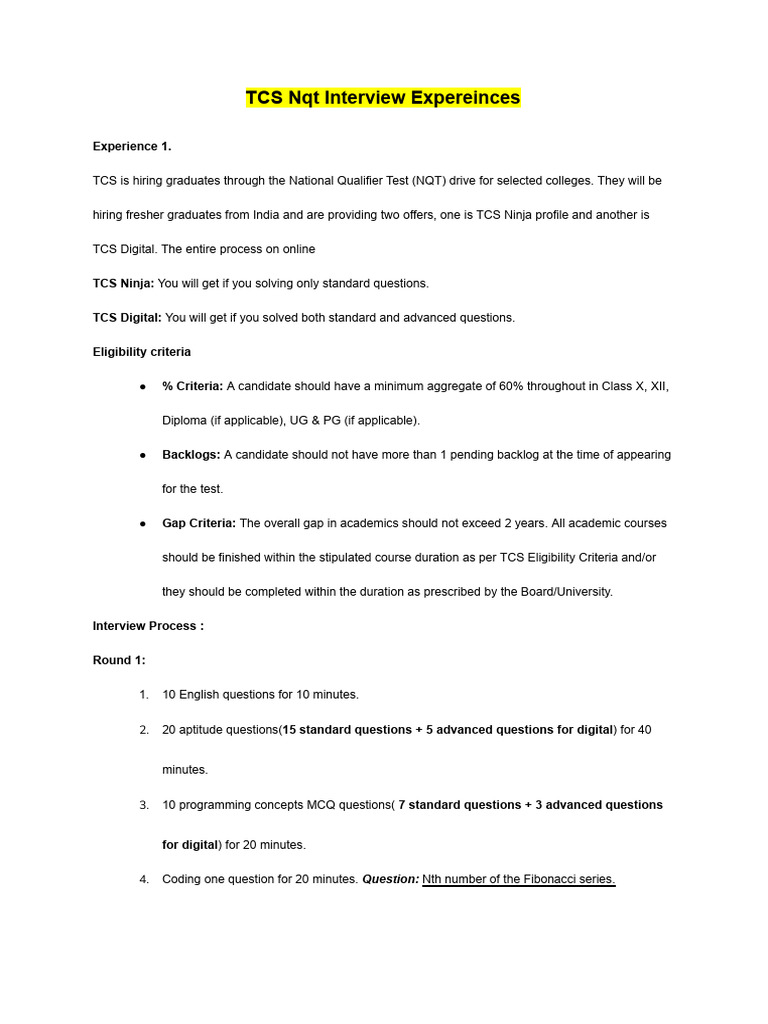 TCS NQT Interview Expereinces | PDF | Computer Data Storage | Operating System