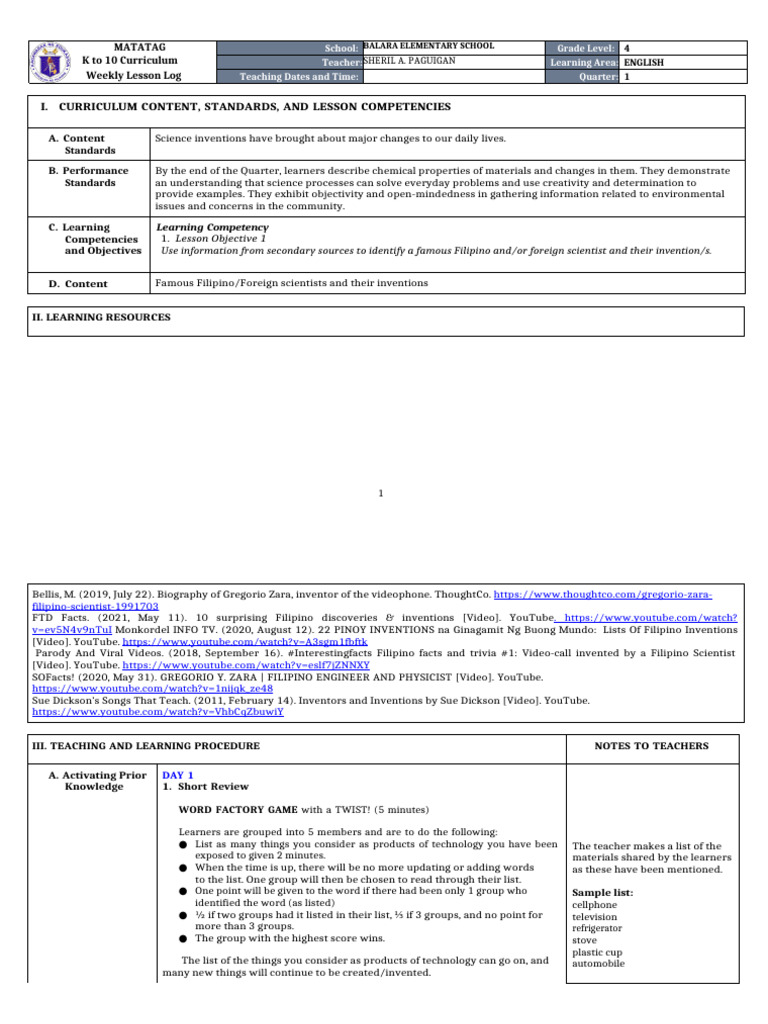 DLL Matatag - Science 4 Q1 W1 | PDF