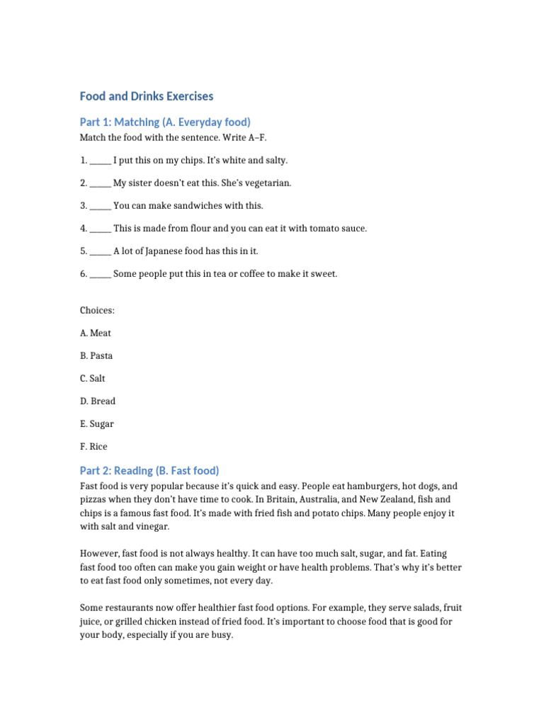 Food and Drinks Exercises | PDF