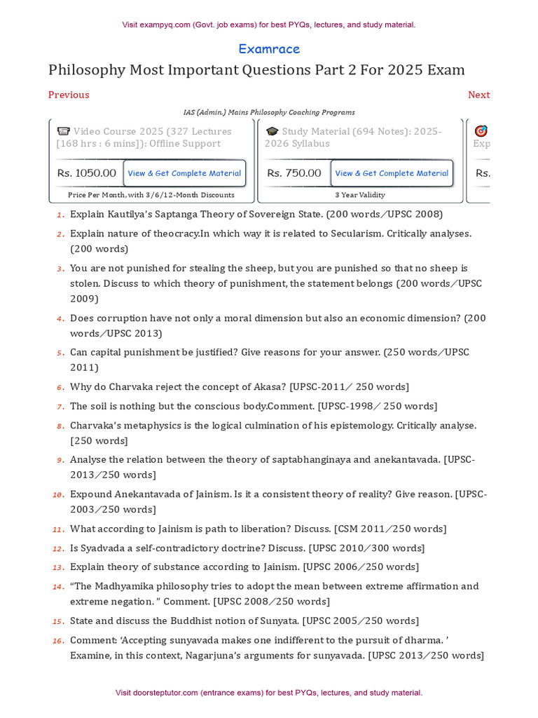 Key Philosophy Questions for UPSC 2025 | PDF