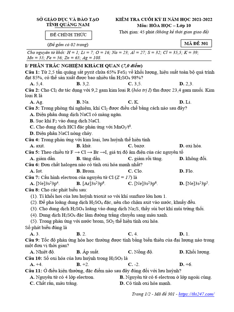 De Kiem Tra Cuoi Hoc Ky 2 Hoa Hoc 10 Nam Hoc 2021 2022 So GDDT Quang Nam | PDF