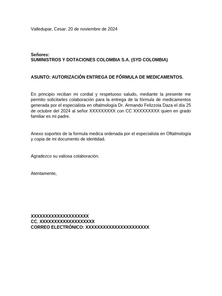 Carta Solicitud Entrega de Medicamentos Farmacia Sanitas | PDF