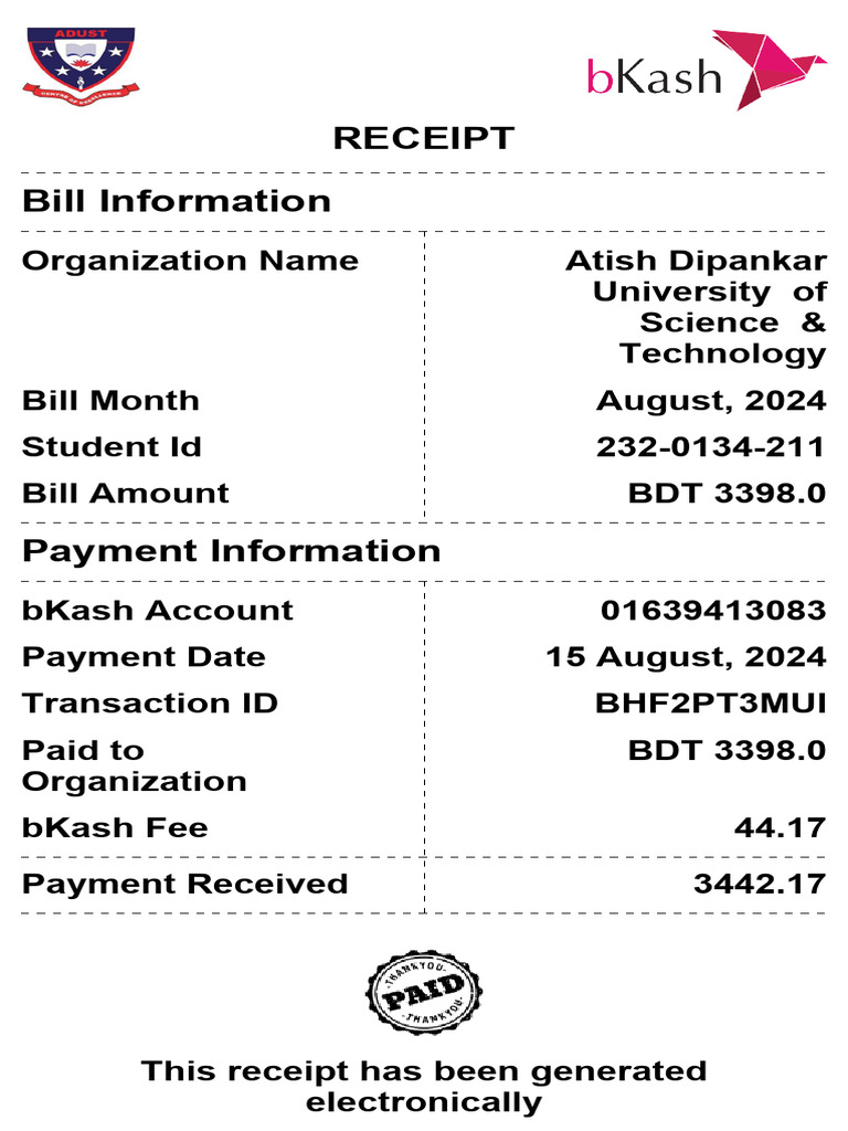 August 2024 Payment Receipt - Atish Dipankar University | PDF