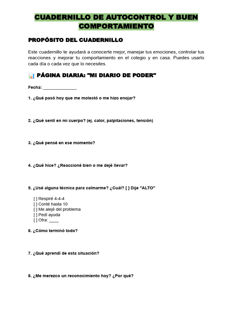 Cuadernillo de Autocontrol y Buen Comportamiento | PDF