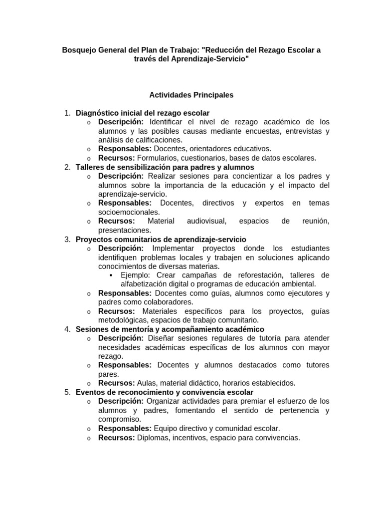Bosquejo General Del Plan de Trabajo | PDF | Enseñando | Aprendizaje