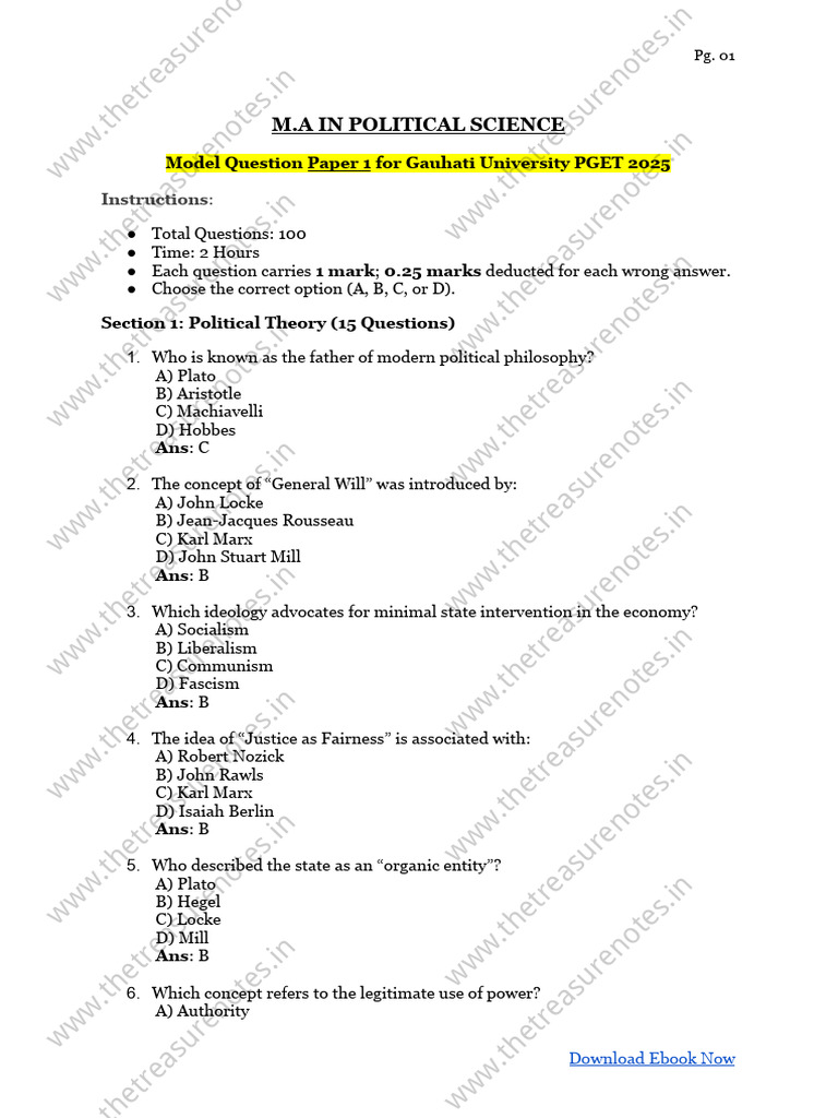 M.A. Political Science Model Question Paper | PDF | Political Science ...