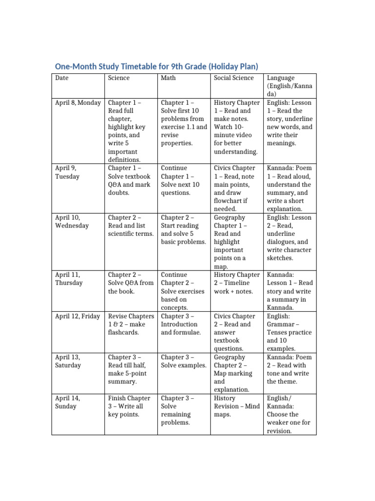 One Month Study Timetable Week1 | PDF