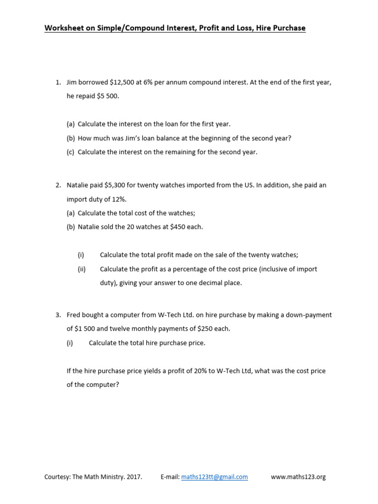 Hire Purchase and Interest Calculations | PDF | Interest | Prices