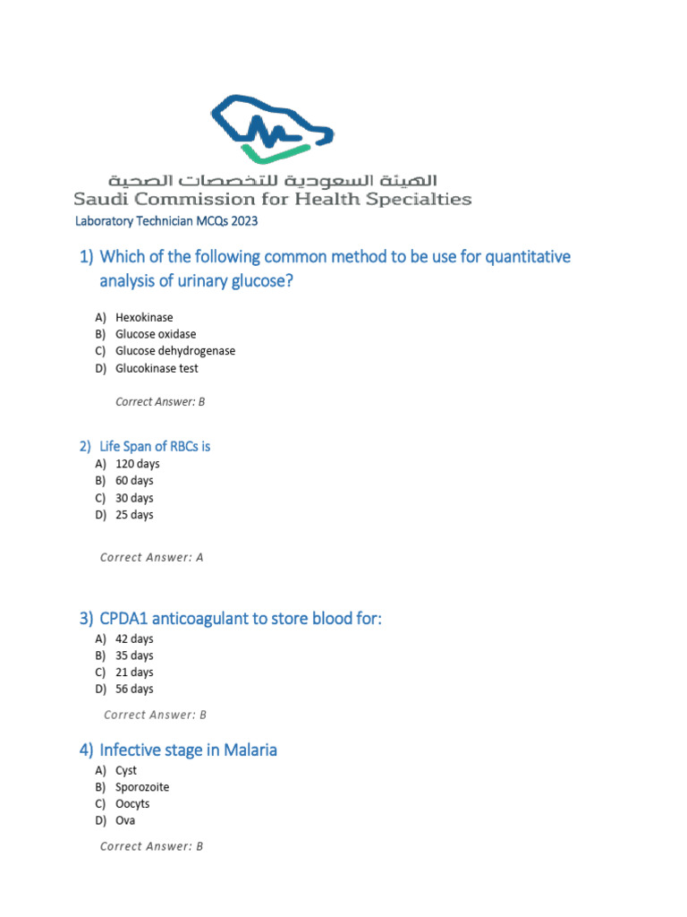 Laboratory Technician MCQs 2023 | PDF | Anemia | Bacteria