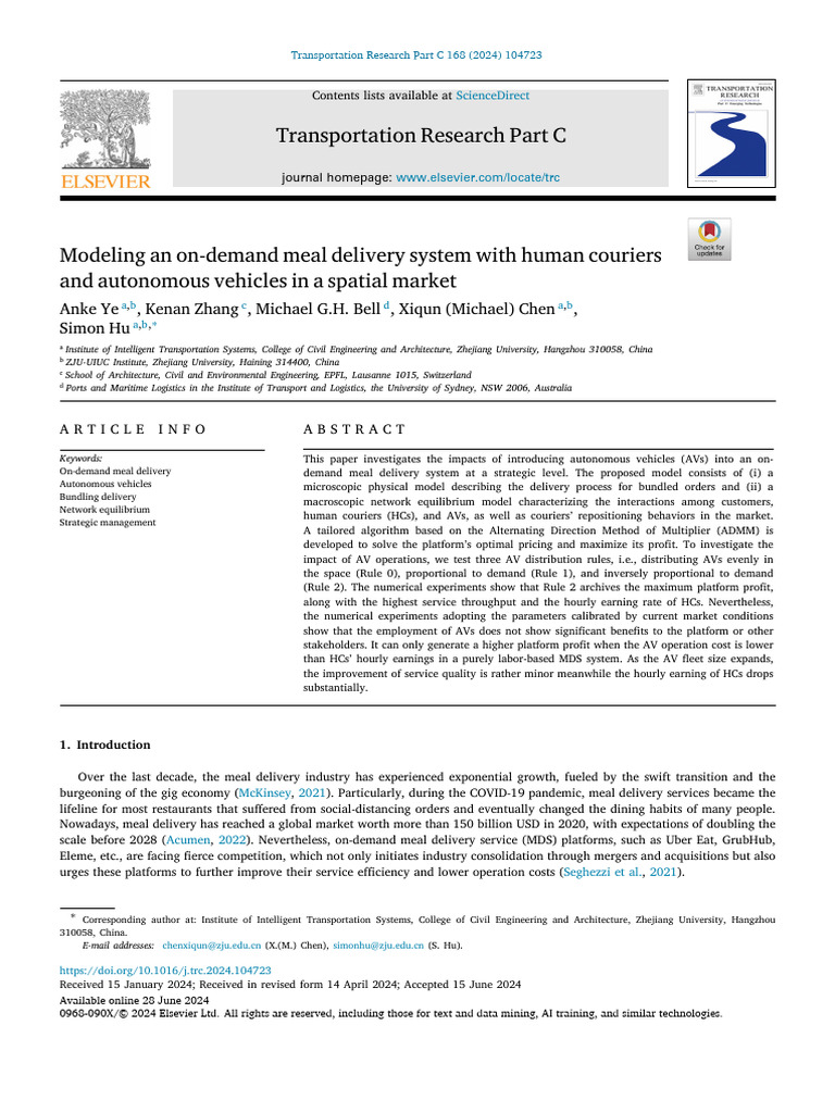On-Demand Meal Delivery with AVs | PDF | Economic Equilibrium | Routing