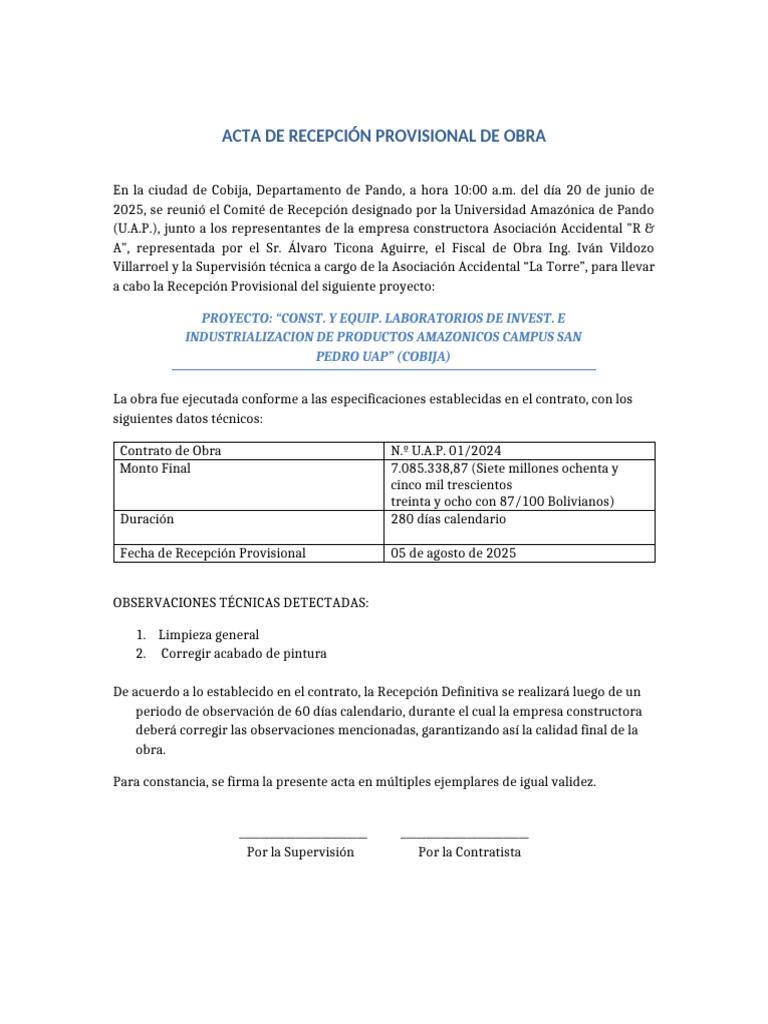 Actas Recepcion Provisional y Definitiva | PDF