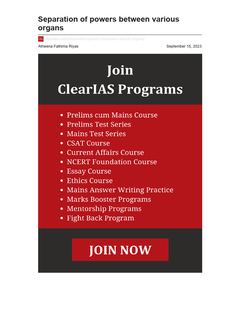 Separation of Powers Between Various Organs | PDF | Separation Of Powers | Legislature