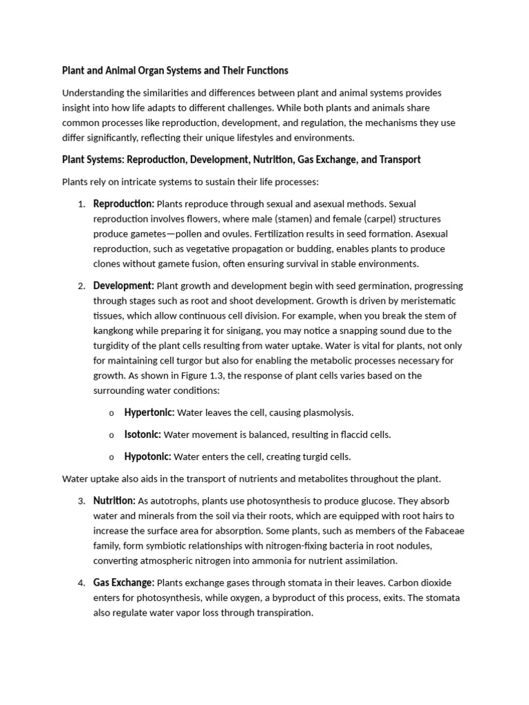 Plant and Animal Organ Systems and Their Functions | PDF | Plants ...