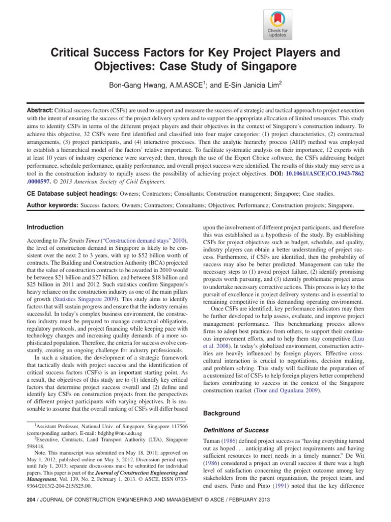 Critical Success Factors For Key Project Players and Objectives: Case Study of Singapore | PDF ...