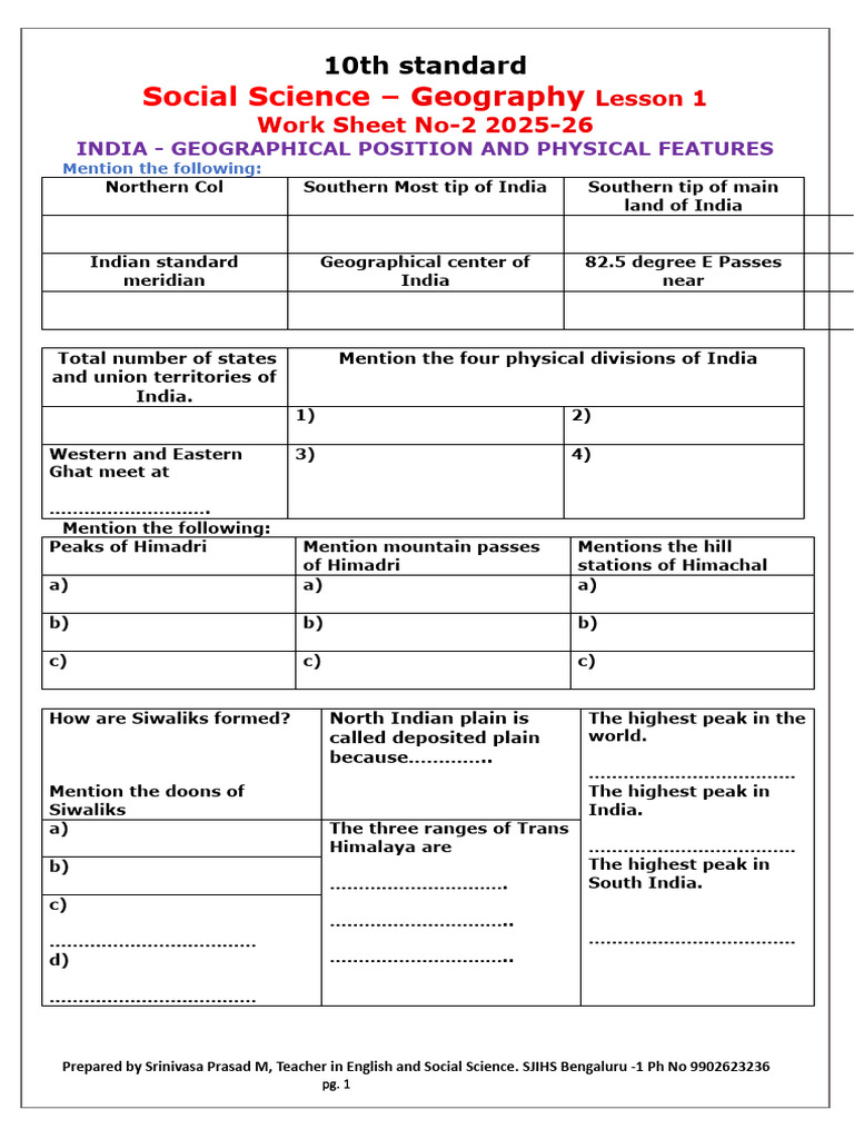 10th SS Work Sheet No 2 - 2025-26 | PDF | Geography | Earth Sciences
