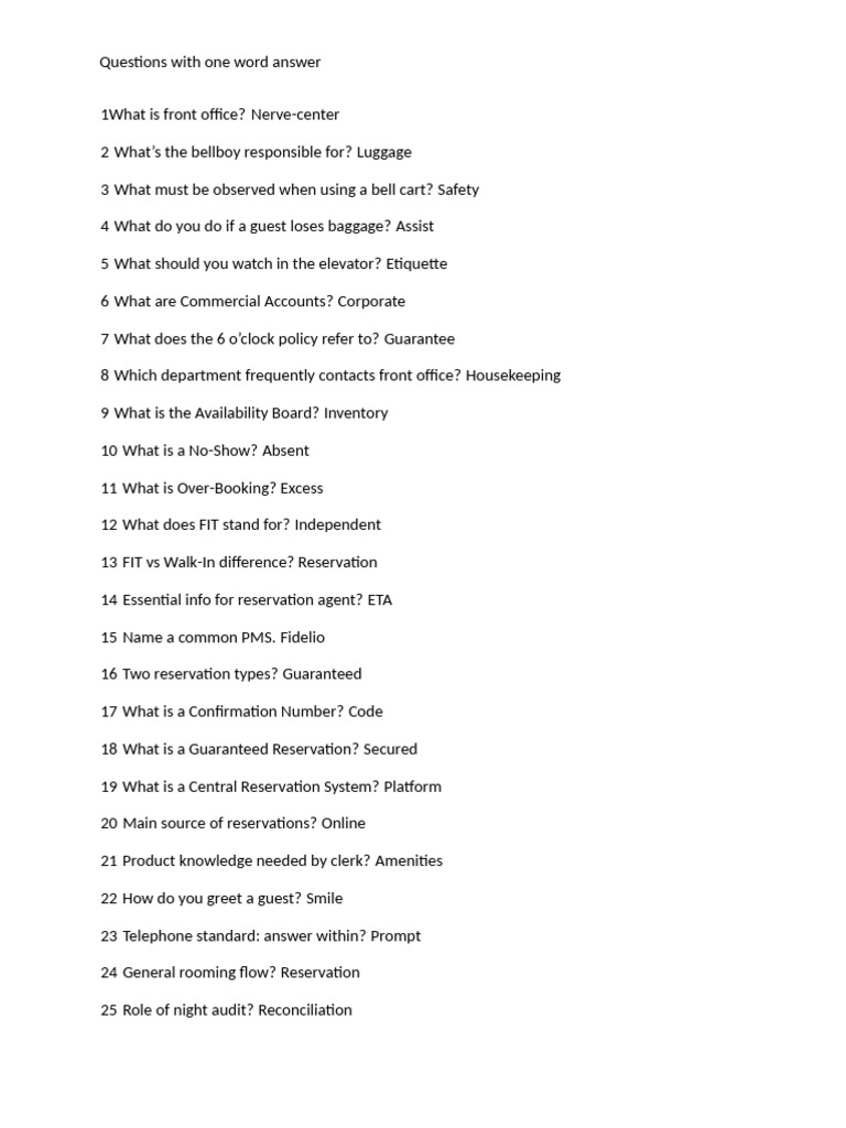 Questions With One Word Answer | PDF