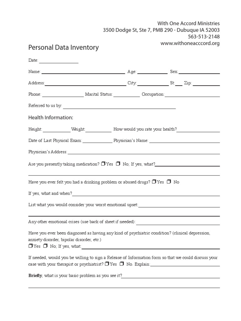 Personal Data Inventory: With One Accord Ministries 3500 Dodge ST, Ste ...