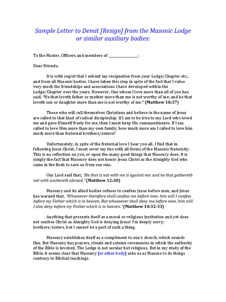 Sample Demit Letter for Masons | PDF | Freemasonry | Gospel Of Matthew