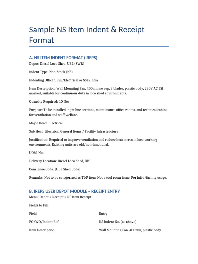 NS Item Indent and Receipt Format | PDF