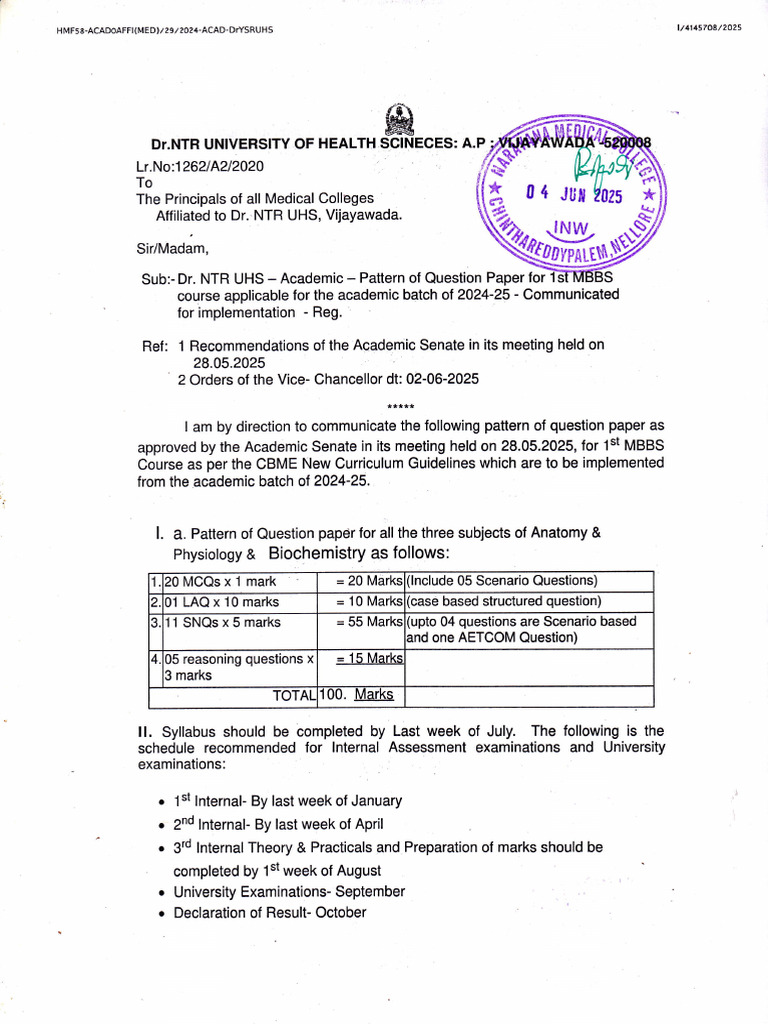 DR - Ntruhs - 1st Mbbs Qquestion Paper Patern - 2024-25 Batch | PDF ...