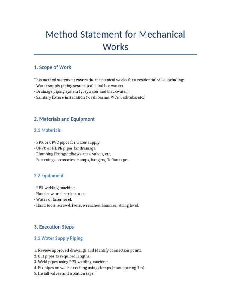 Mechanical Method Statement Villa | PDF