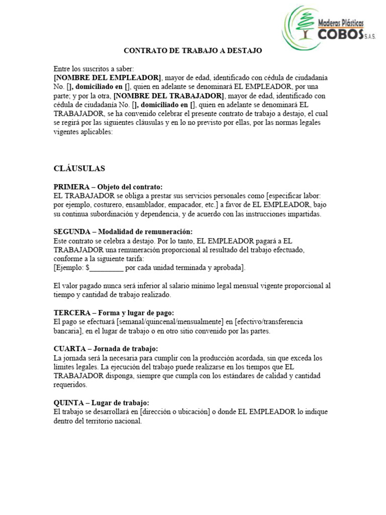 Contrato de Trabajo a Destajo | PDF | Salario | Pieza de trabajo