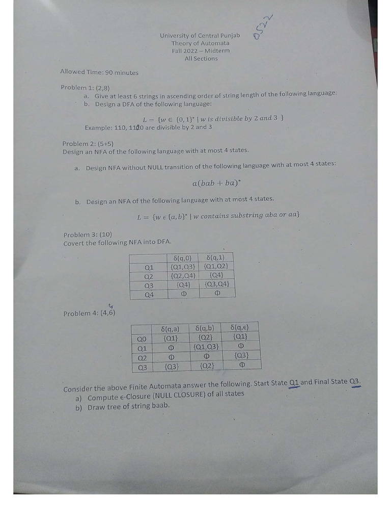 TOA Mid Term Question Paper Fall 22 | PDF