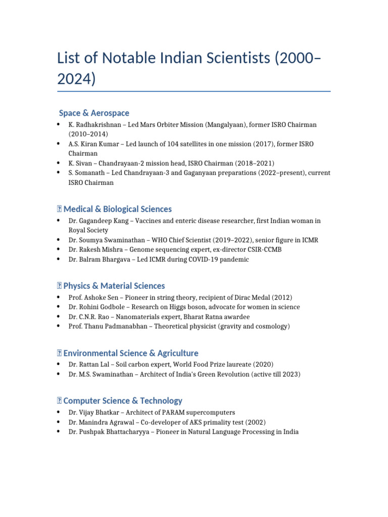 Notable Indian Scientists (2000–2024) | PDF