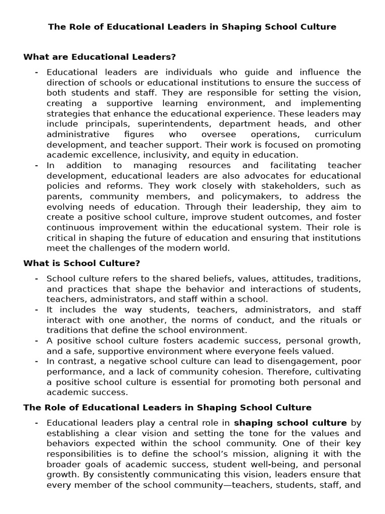 Educational Leaders Shaping School Culture | PDF | Leadership | Teachers