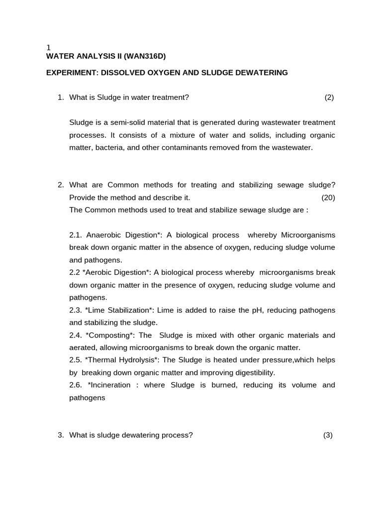 DO and Sludge Dewatering Assignment 2021 - WAN316D | PDF | Sewage Treatment | Titration