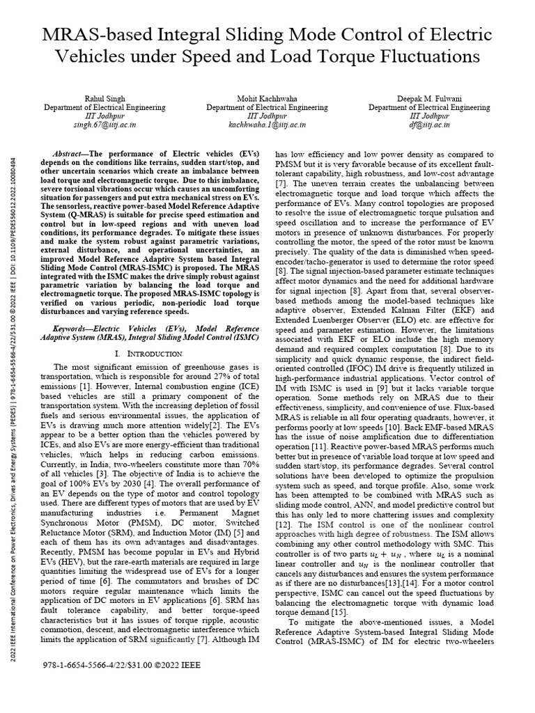 MRAS-based Integral Sliding Mode Control of Electric Vehicles Under ...