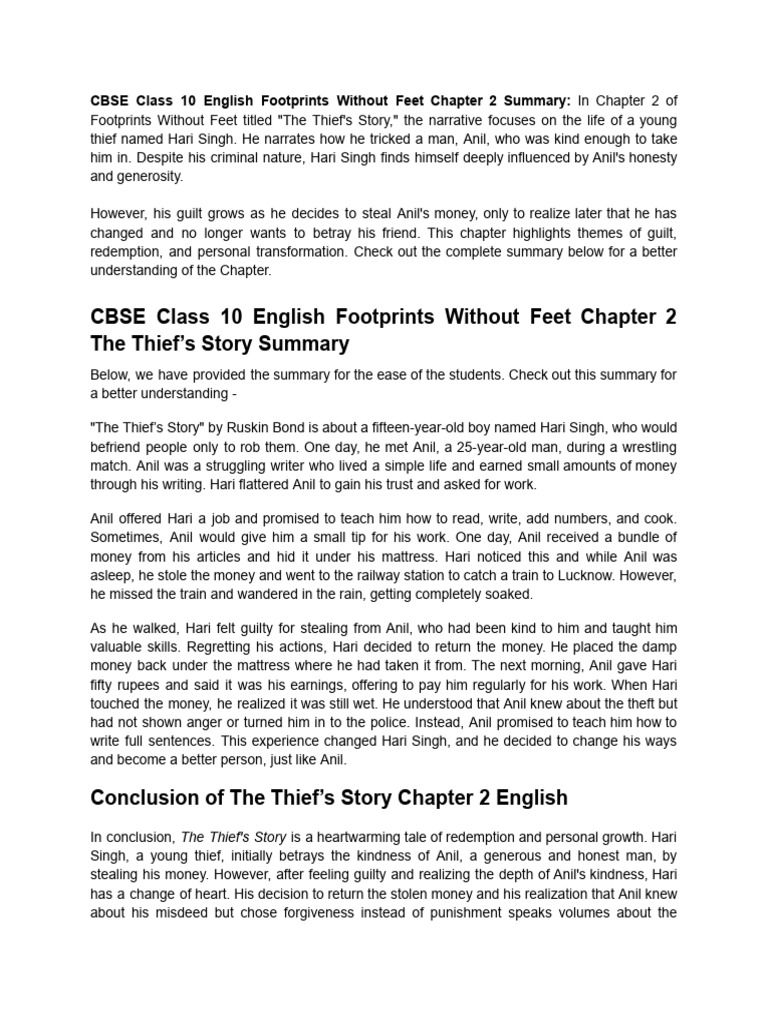 CBSE Class 10 English Footprints Without Feet Chapter 2 The Thief's Story Summary | PDF | Theft