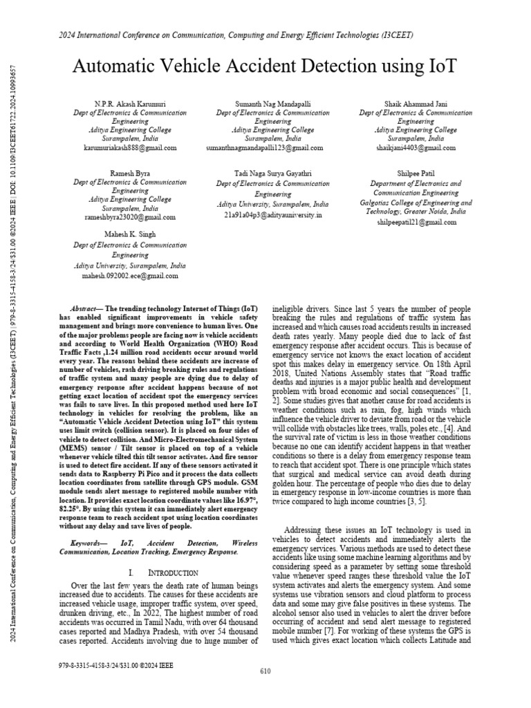 Automatic Vehicle Accident Detection Using IoT | PDF | Internet Of Things | Sensor