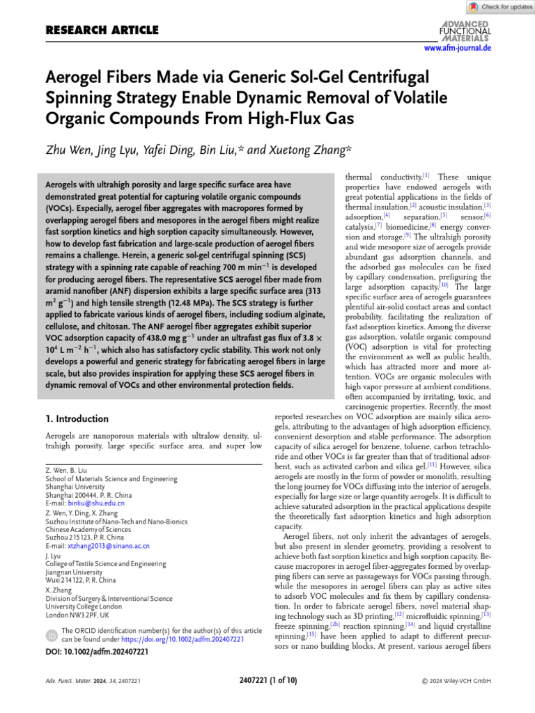 Adv Funct Materials - 2024 - Wen - Aerogel Fibers Made Via Generic Sol Gel Centrifugal Spinning ...