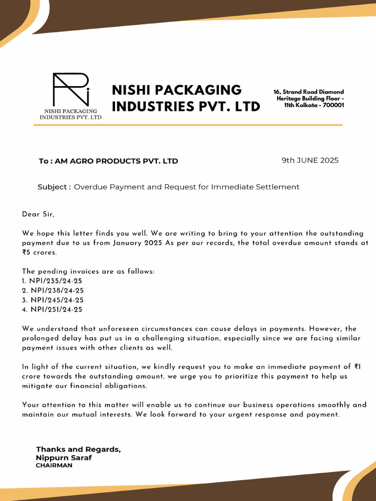 Npi PVT LTD Letter Am Agro 9th June | PDF