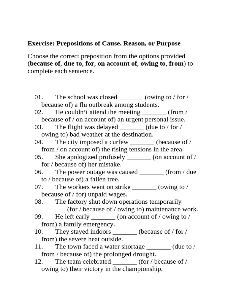 Exercise - Preposition of Cause Reason Purpose | PDF