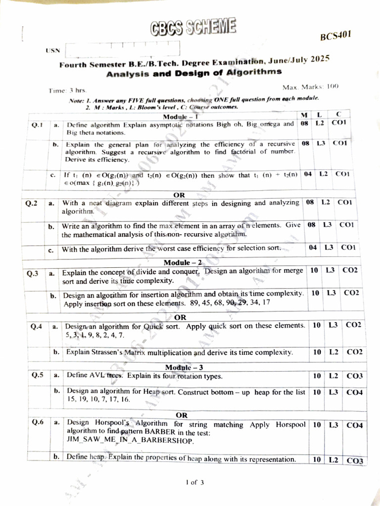 BCS401 June 2025 QP | PDF | Graph Theory | Algorithms