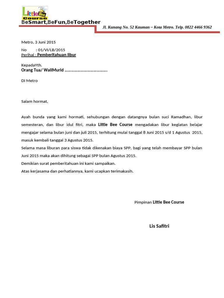 Surat Pemberitahuan Libur Ramadhan Dan Idul Fitri 2015 | PDF
