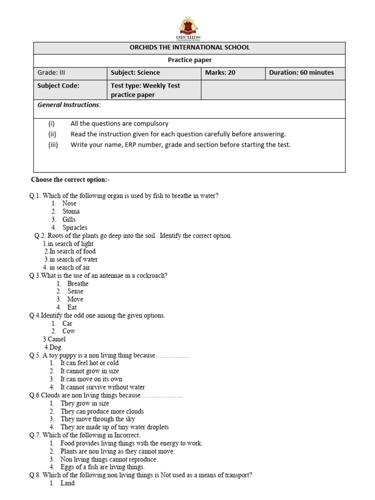 Grade 3 Science Practice Paper | PDF | Plants | Biology