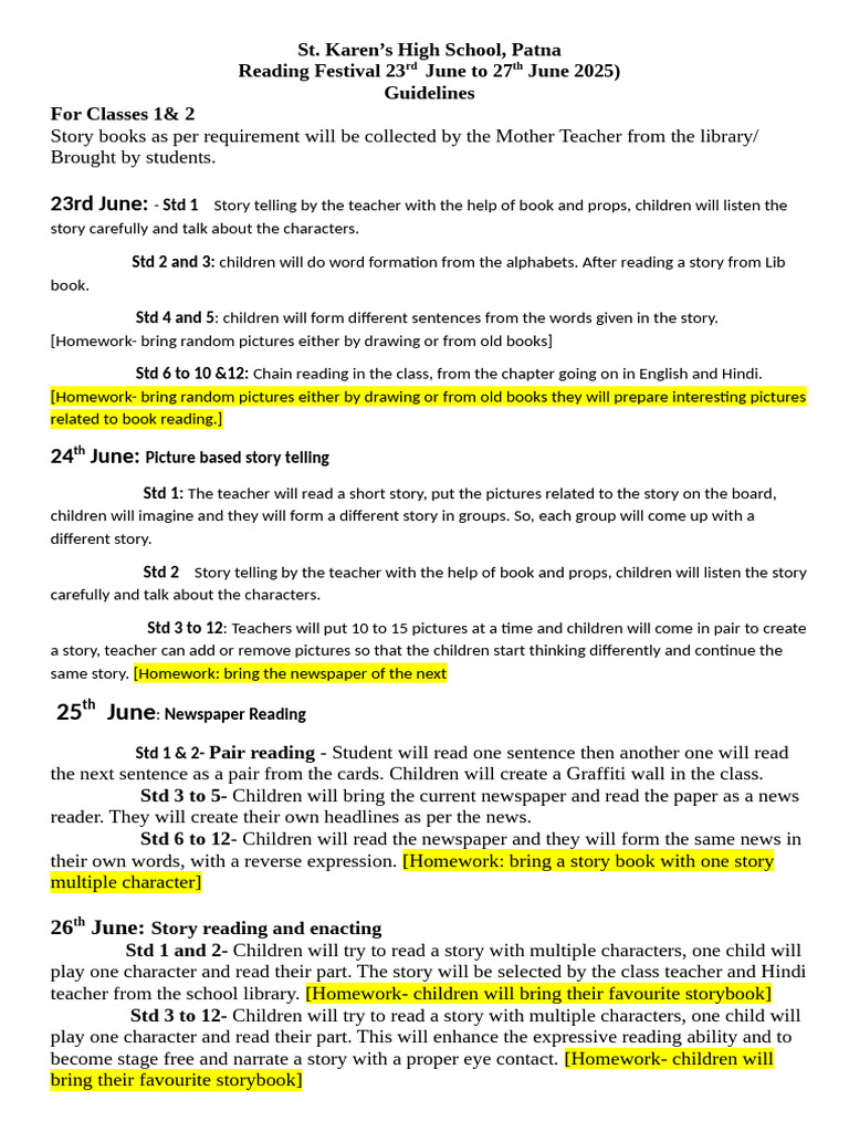 Book Reading Week Skhs STD 1 To 12 Session 2025-26 | PDF