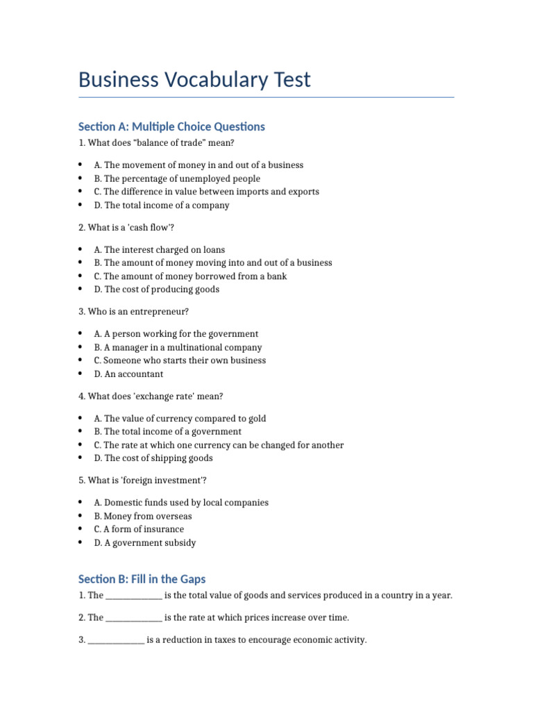 Business Vocabulary Test | PDF
