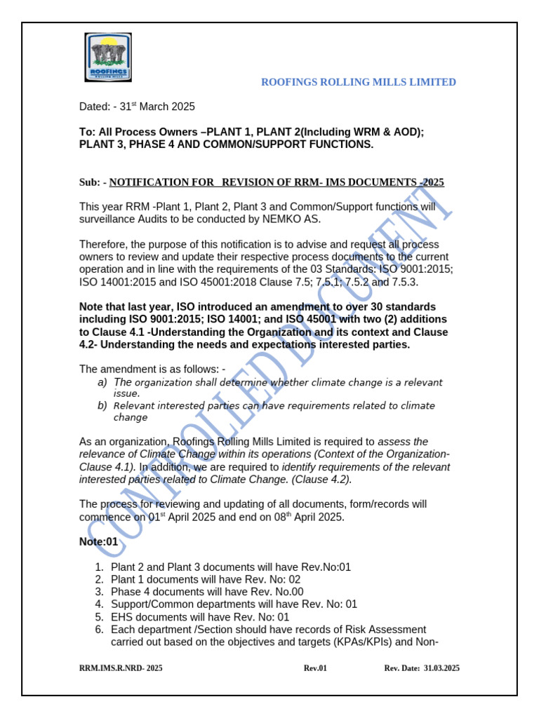 RRM 2025 IMS Document Revision Notice | PDF | Audit | Business
