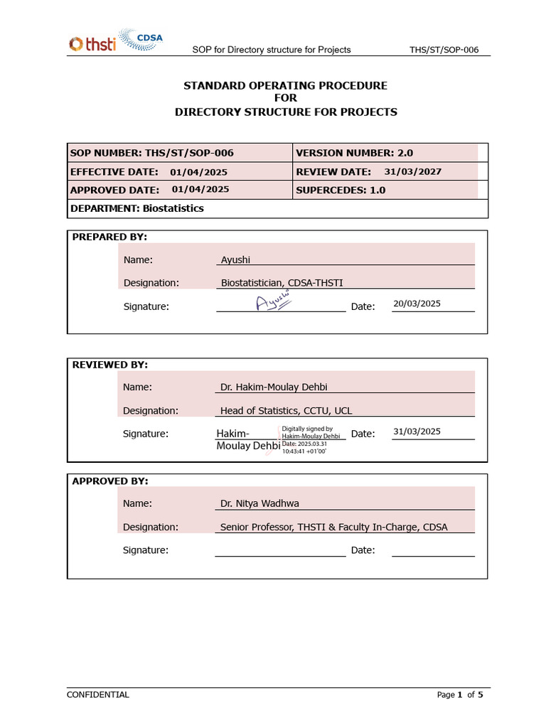 THS 439 ST SOP-006-Directory Structure Signed | PDF | Biostatistics | Statistics
