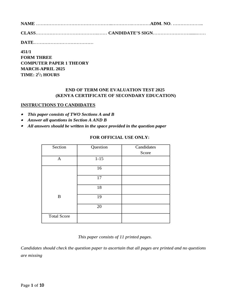 Form Three Computer Theory Exam 2025 | PDF | Computing | Computer Science