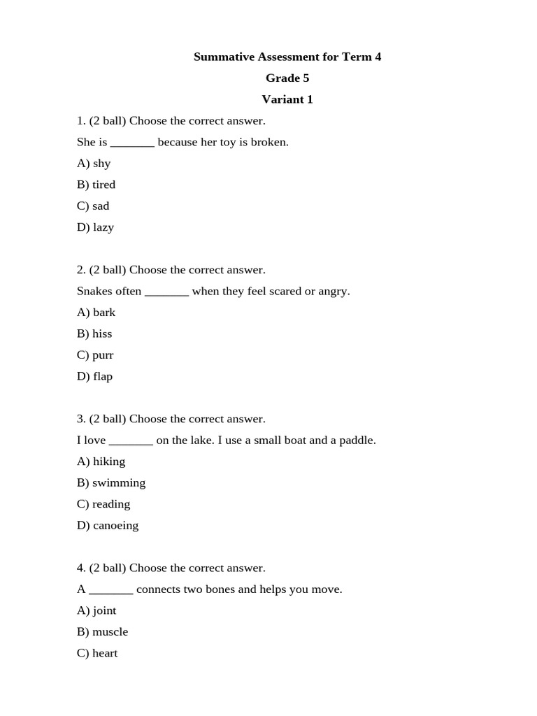 Summative Assessment For Term 4 Grade 5 Variant 1 | PDF | Chess Theory ...