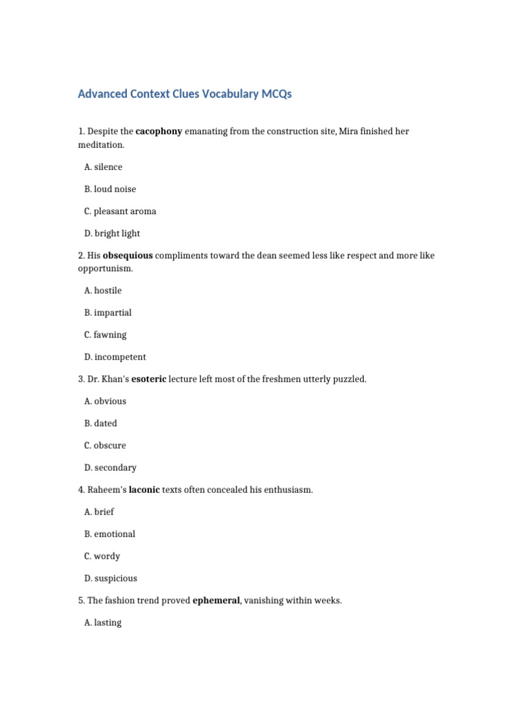 Context Clues Vocabulary Mcqs | PDF