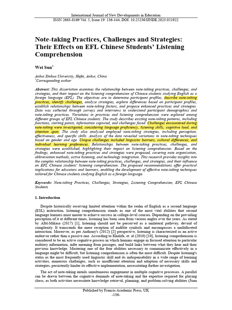 Note-Taking Impact on EFL Listening Skills | PDF | Reading ...