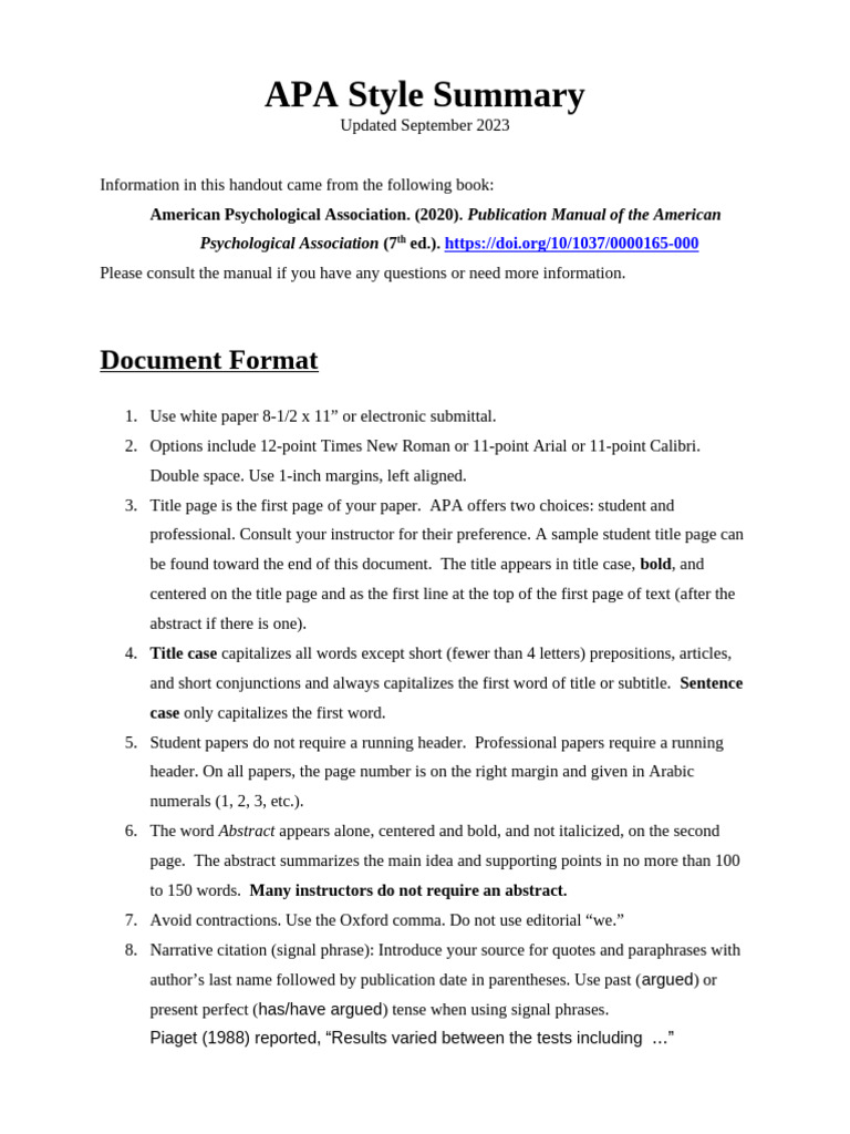 APA Style Summary September 2023 2 | PDF | Apa Style | Citation